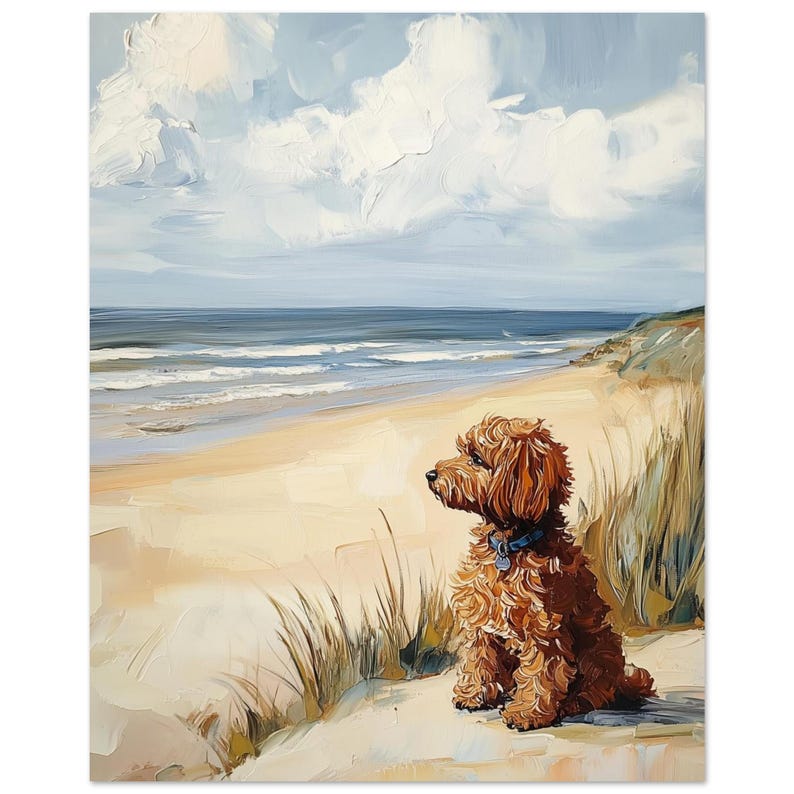 Red Cavapoo Beach Art Print, Cavapoo Gift, Coastal Textured Art, Beach ...