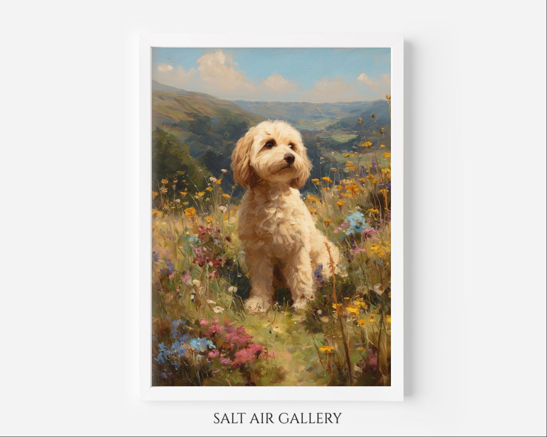 Apricot Cavapoo Dog Oil Painting Wall Art Print, Scenic Cavapoo ...