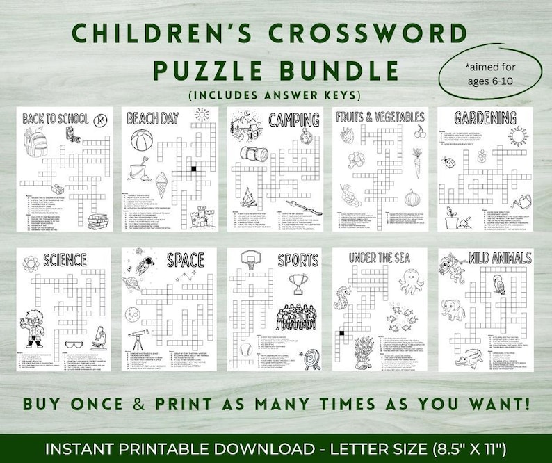 Children's Crossword Puzzle Bundle - Etsy