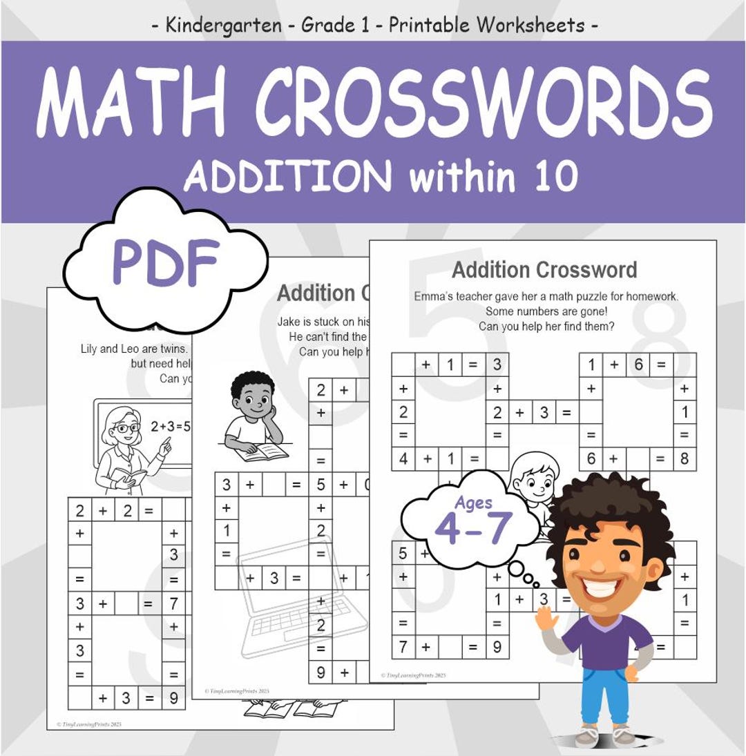 Addition Crosswords for Kids, Preschool, Kindergarten, Math Worksheets ...