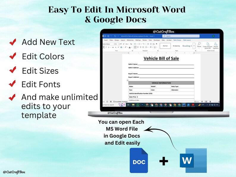 Editable Vehicle Bill of Sale With Witness Signatures (PDF, Word ...