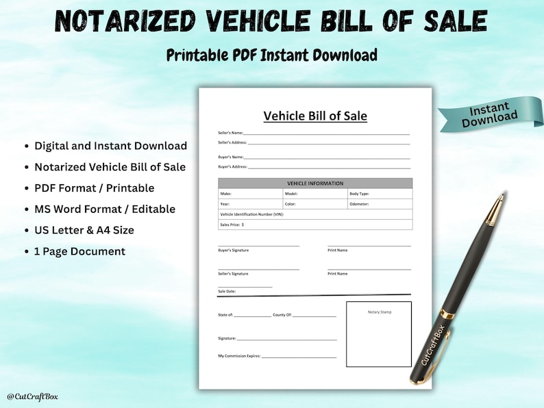 Notarized Vehicle Bill of Sale Template Motor Vehicle Bill of Sale ...