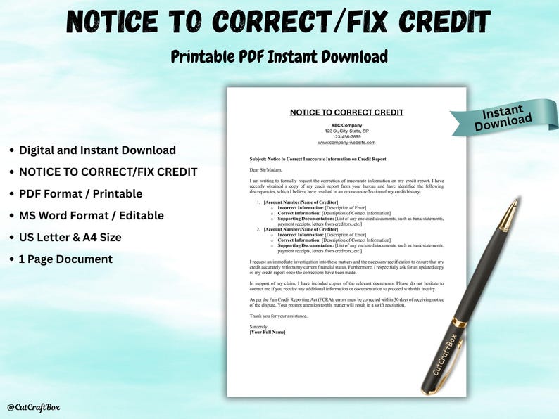 Editable Credit Report Dispute Letter Template: FCRA Compliant (digital ...