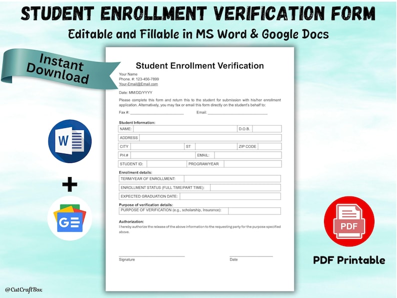 Student Enrollment Verification Form Editable Proof of School ...