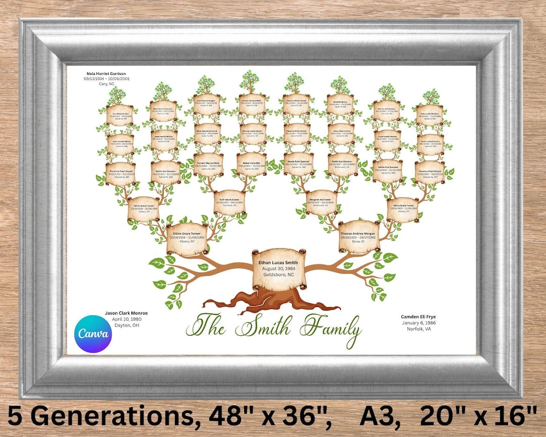5 Generation Family Tree Chart: Genealogy Art, Reunion Gift (canva ...