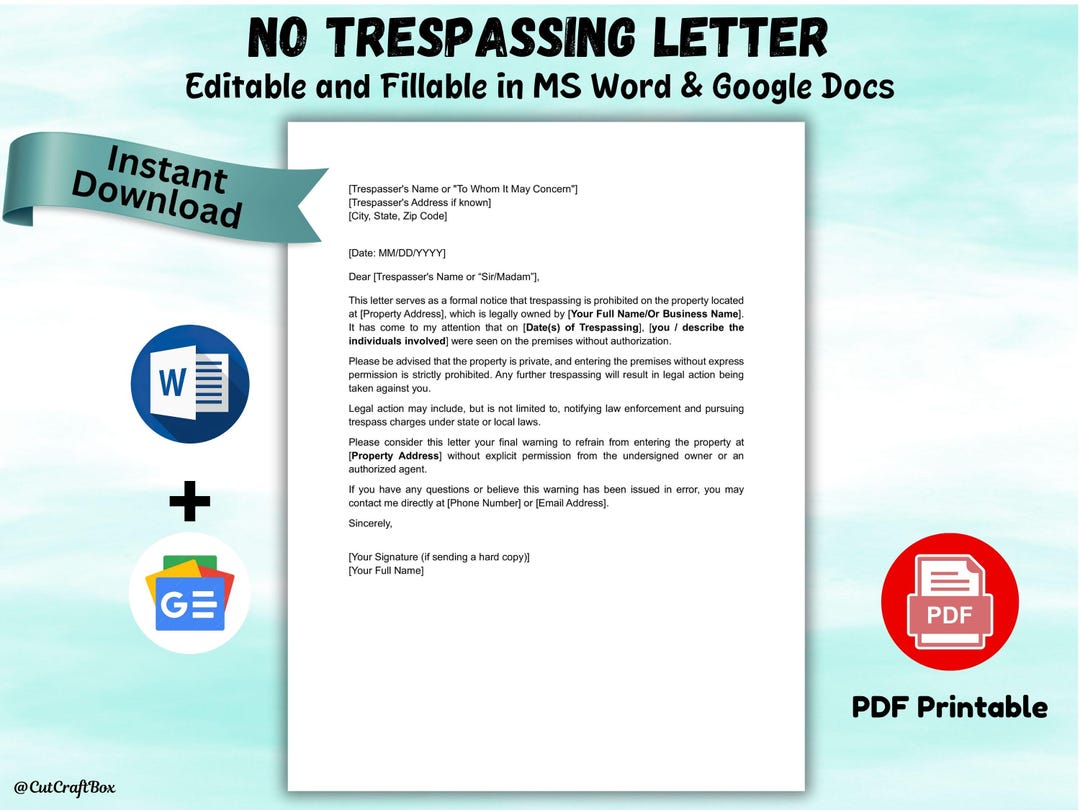 Editable No Trespassing Letter No Trespass Notice Template No ...