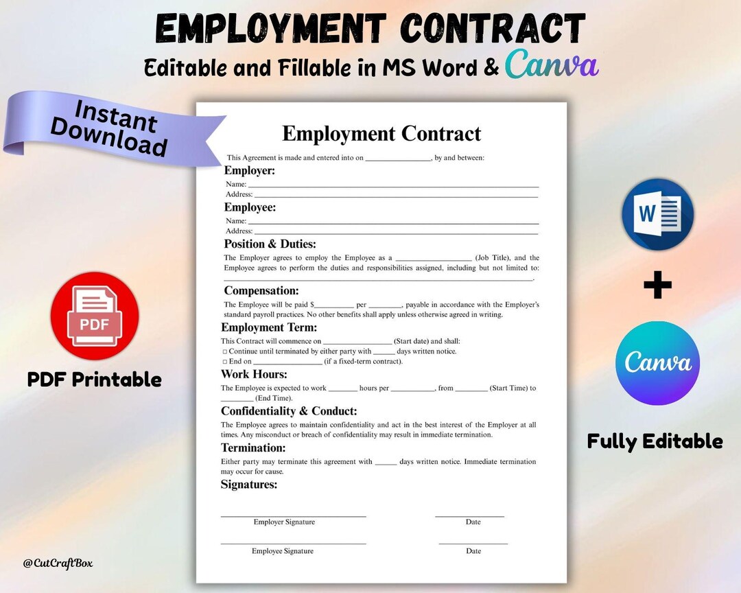 Editable Employment Contract Template: HR Agreement, Printable PDF - Etsy
