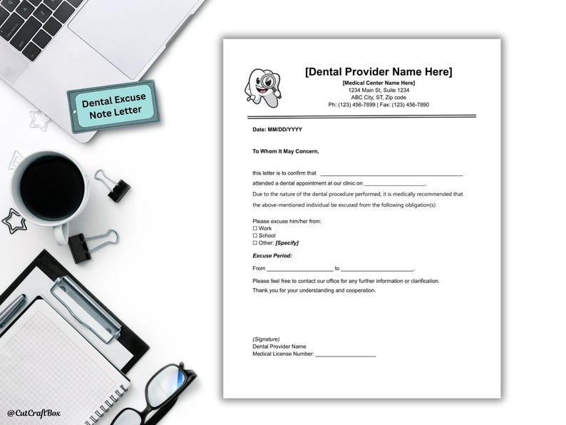 Editable Dental Excuse Note Template Medical Dentist Excuse Letter US ...