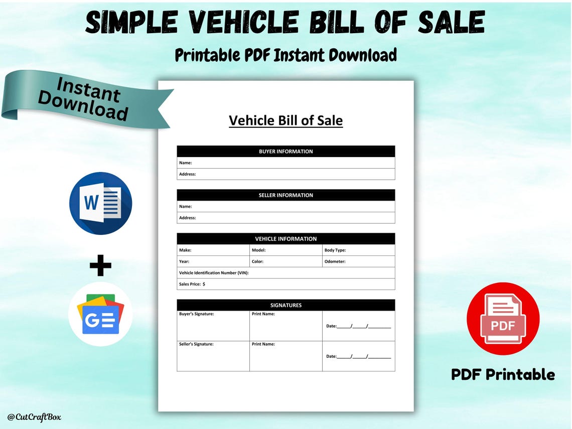 Editable Simple Vehicle Bill of Sale Template Printable Motor Vehicle ...