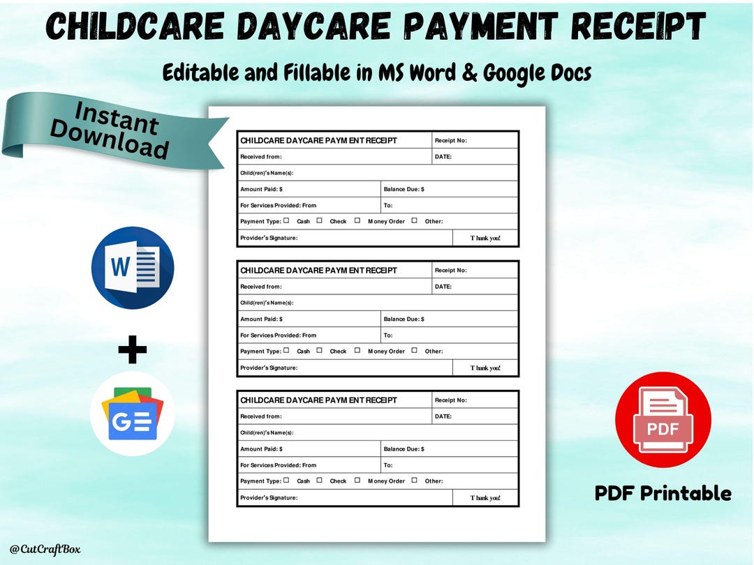 Editable Childcare Payment Receipt Template: In-home Daycare, Nanny ...