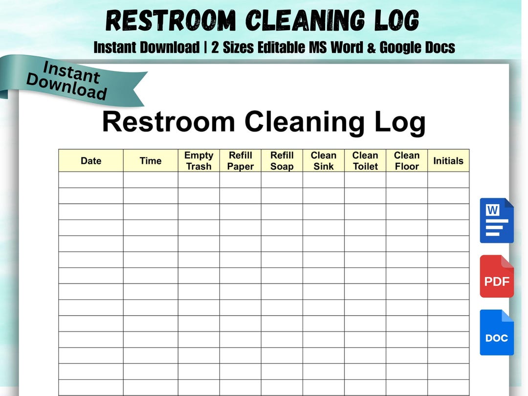 Editable Restroom Cleaning Log Template: 6 Colors, US Letter & A4 ...