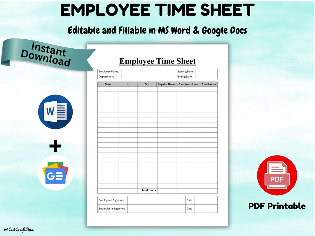 Editable Employee Time Sheet Template: US Letter & A4 (digital Download ...