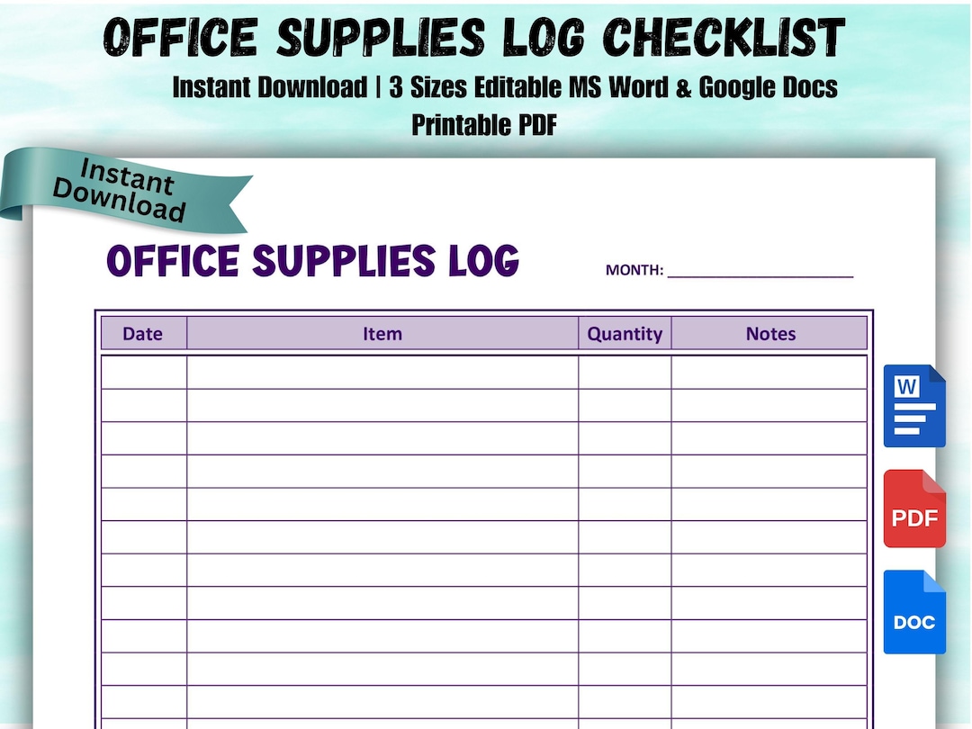 Editable Office Supplies Log Checklist Office Supplies Checklist ...