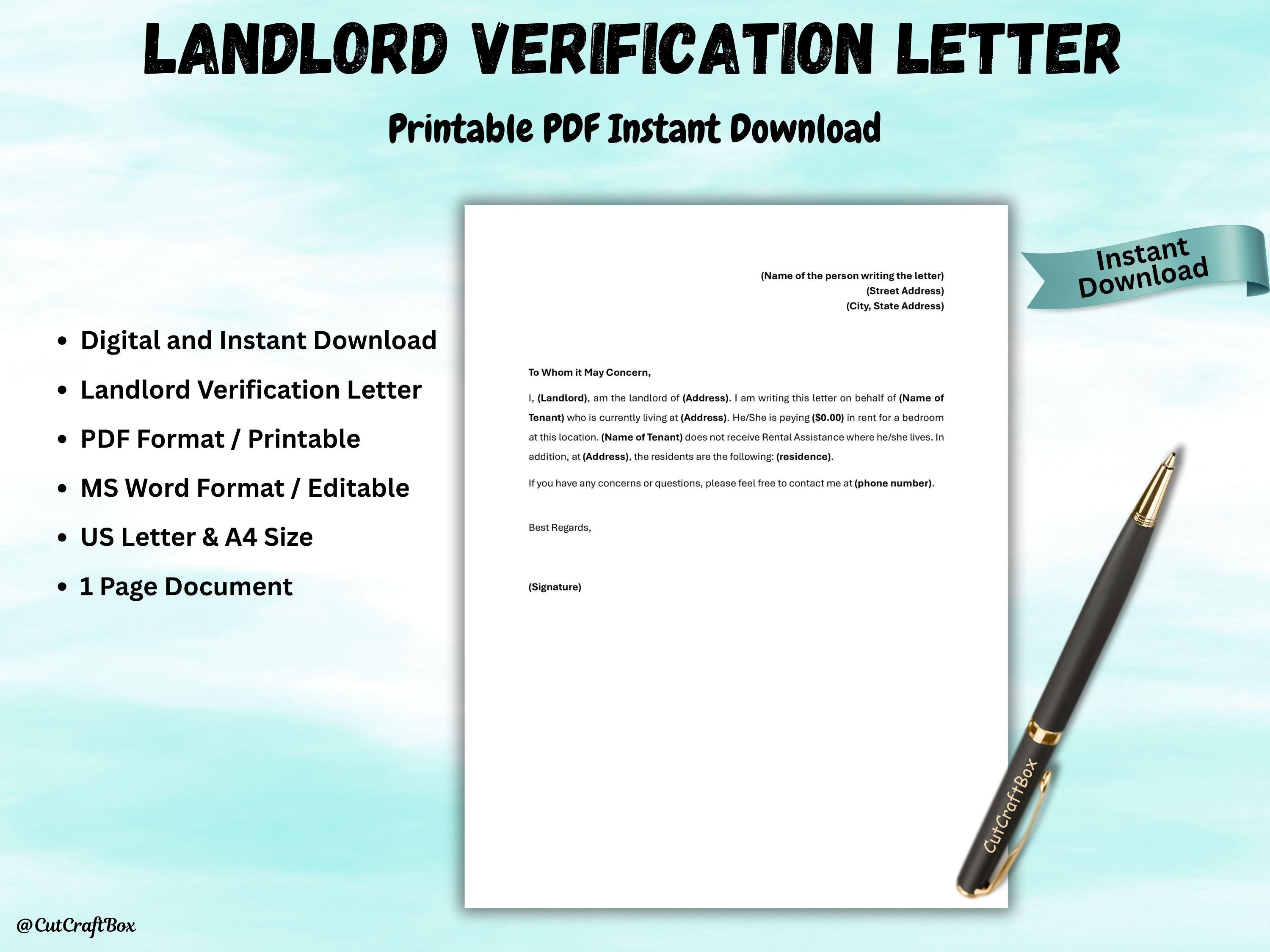 Landlord Rent Verification Letter Template: Editable Rental Proof ...