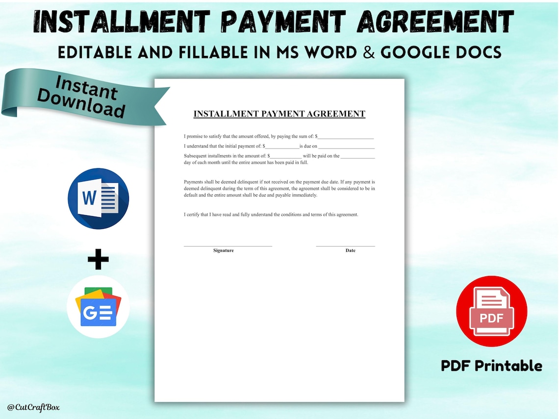Installment Payment Agreement Template: Editable Loan Contract (digital ...