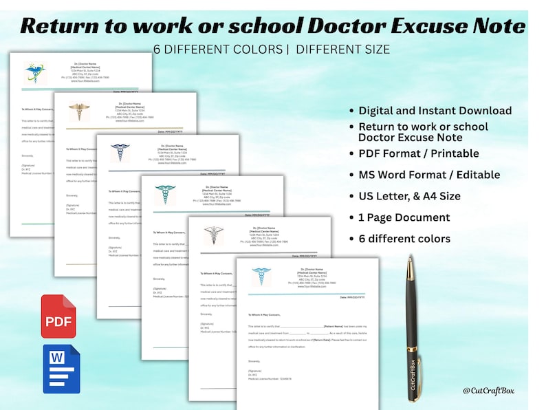 Return to Work Doctor Note Template, Editable Medical Excuse (PDF) - Etsy