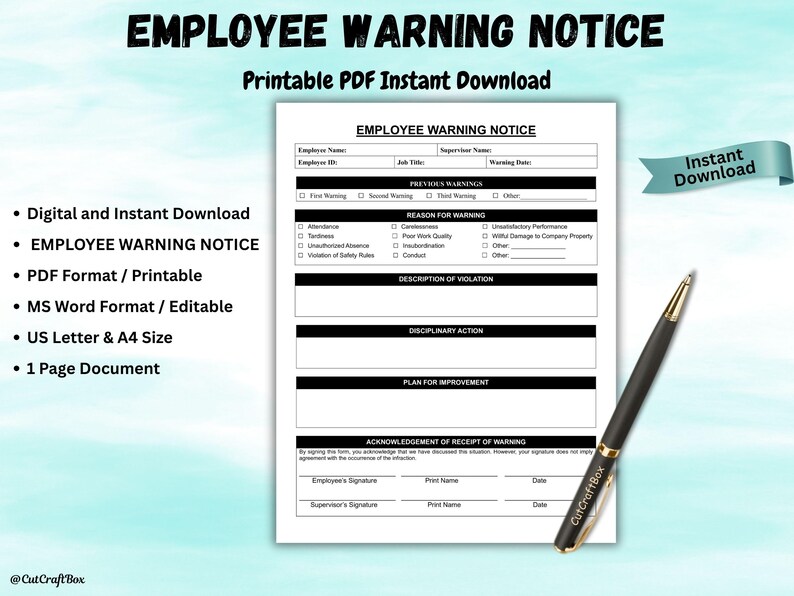 Employee Warning Notice Template: Editable HR Disciplinary Form (PDF ...
