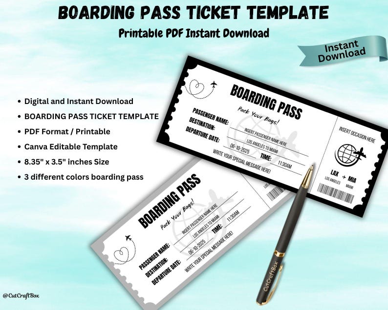 Boarding Pass Canva Template 3 Different Color Editable Boarding Pass ...