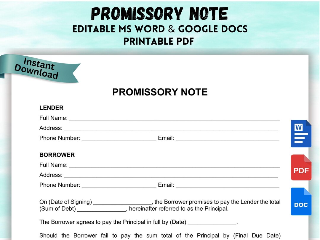 Editable Promissory Note Template: Personal Loan Agreement (digital ...