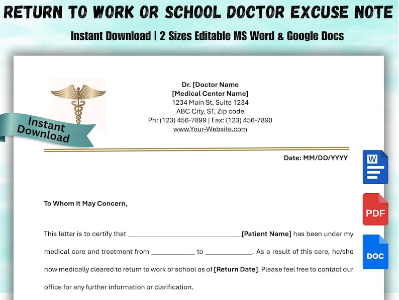 Return to Work Doctor Note Template, Editable Medical Excuse (PDF) - Etsy