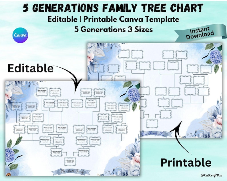 5 Generation Family Tree Chart: Editable Canva Template (PDF Download ...