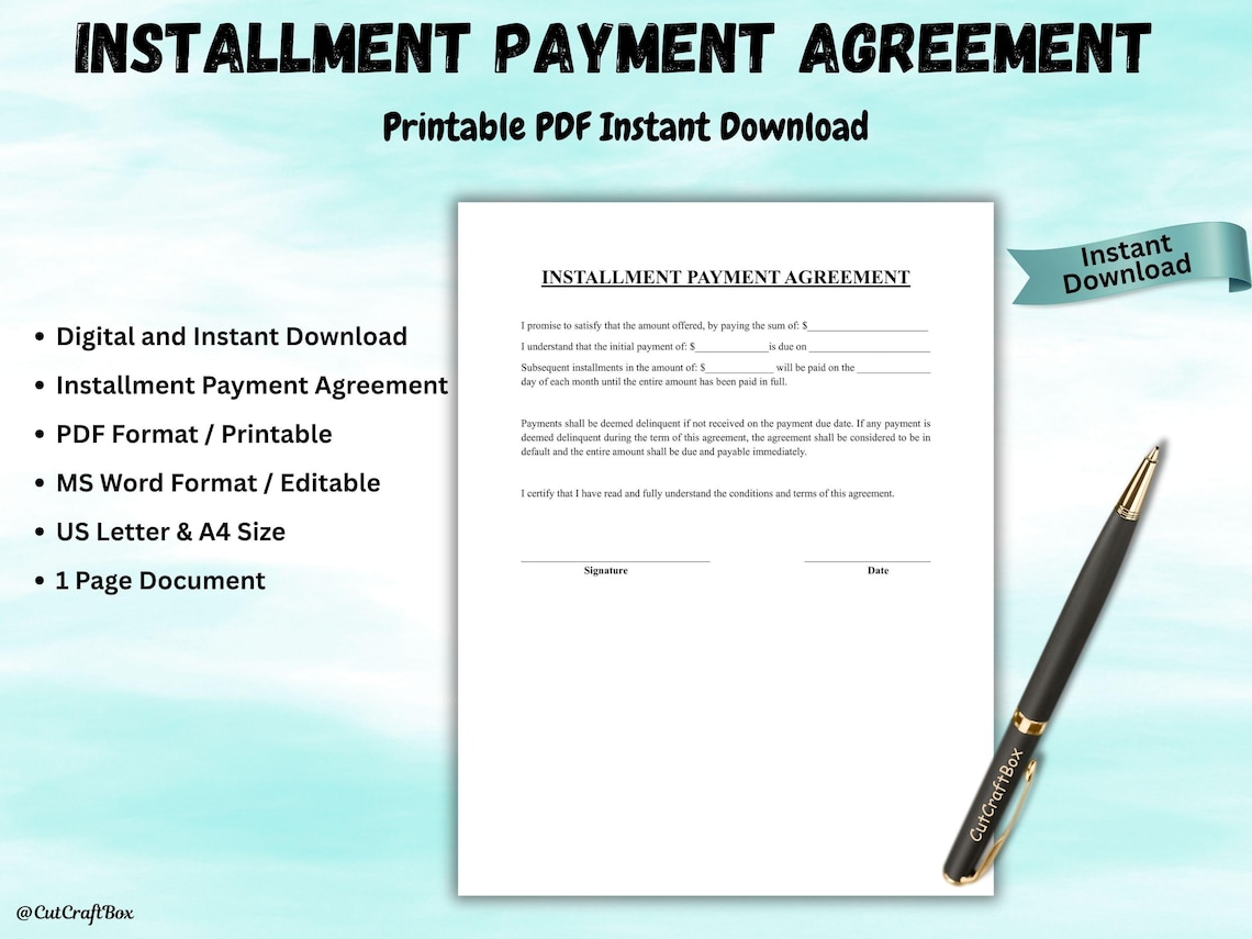 Installment Payment Agreement Template: Editable Loan Contract (digital ...