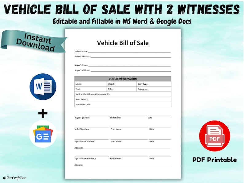 Editable Vehicle Bill of Sale With Witness Signatures (PDF, Word ...
