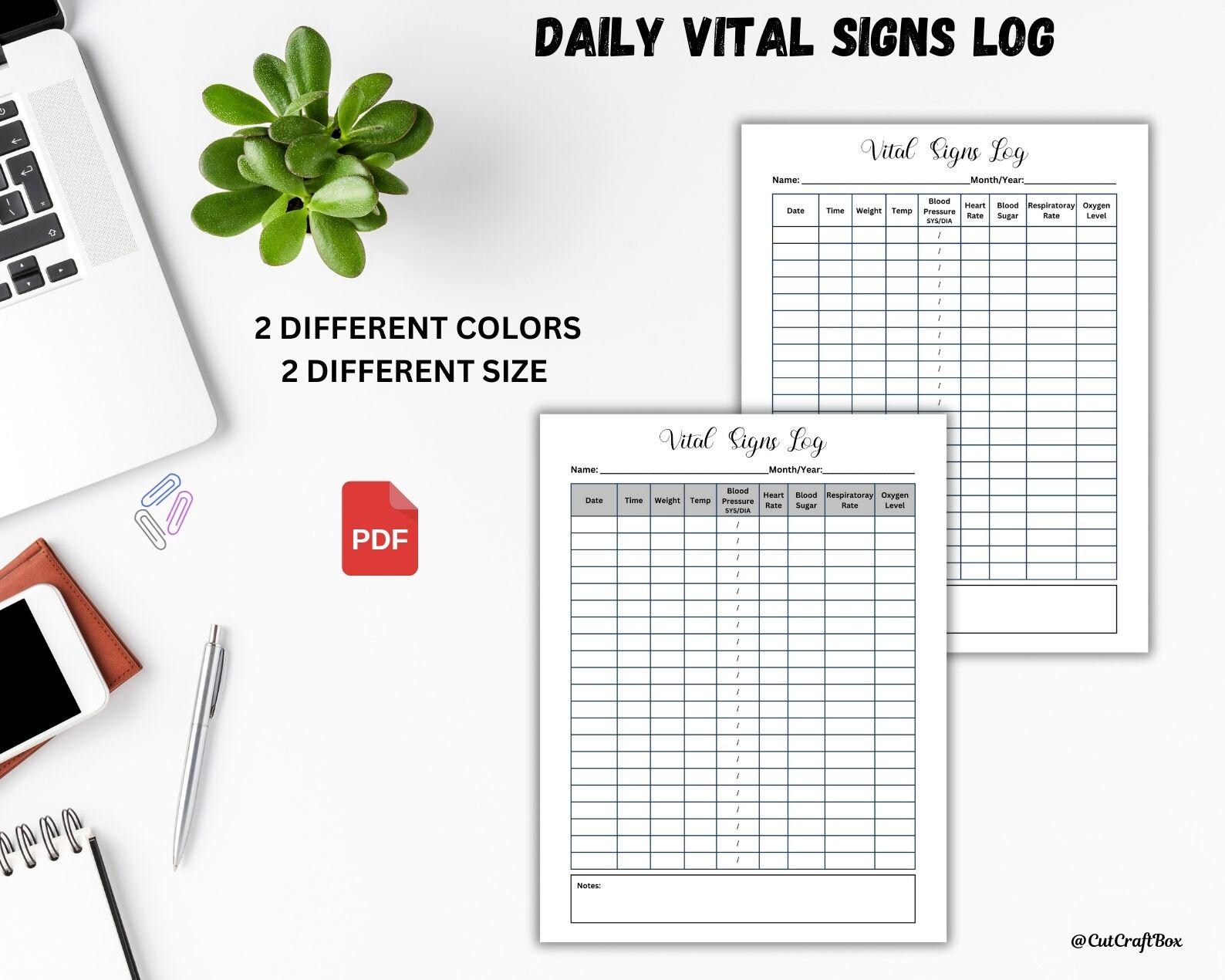 Printable Vital Signs Log Sheet Daily Vital Sign Nursing Vital Log ...