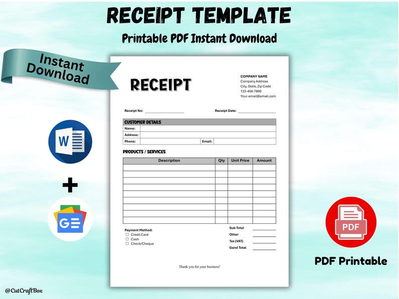 Editable Receipt Template Receipt Form Customer Receipt Form Digital Receipt Small Business ...