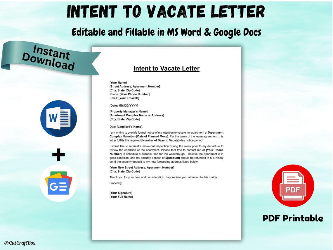 Intent to Vacate Letter Template: Landlord Notice (word & PDF) - Etsy