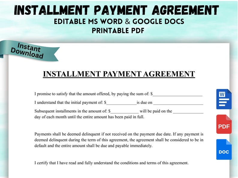 Installment Payment Agreement Template: Editable Loan Contract (digital ...