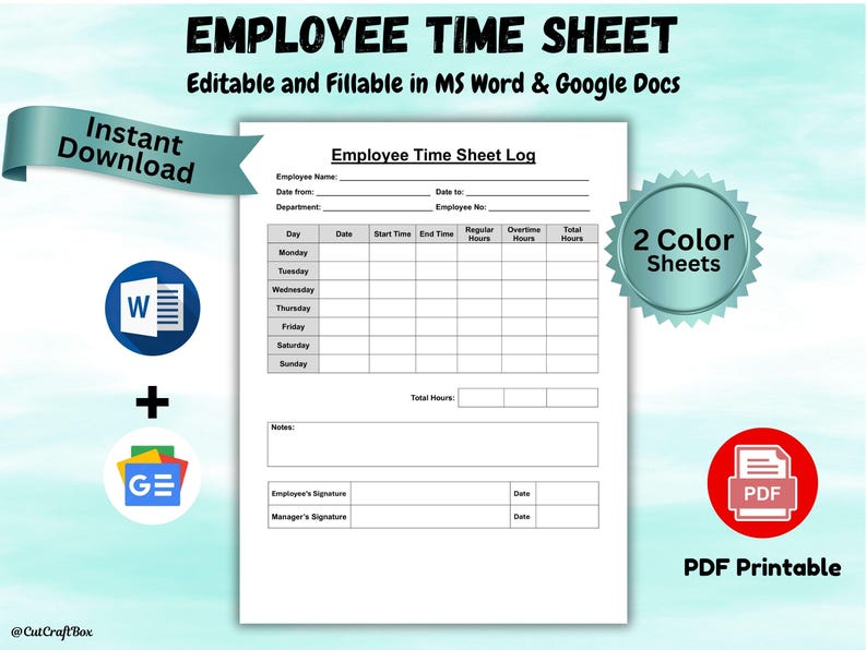 Editable Employee Time Sheet Employee Weekly Time Sheet Timecard Timesheet Timekeeping Sheet ...