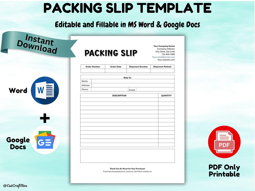 Editable Packing Slip Template: Printable PDF, US Letter & A4 (digital ...