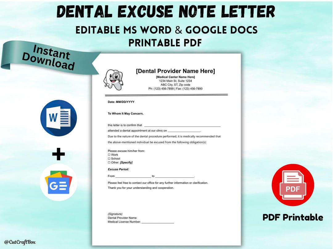Editable Dental Excuse Note Template Medical Dentist Excuse Letter US ...