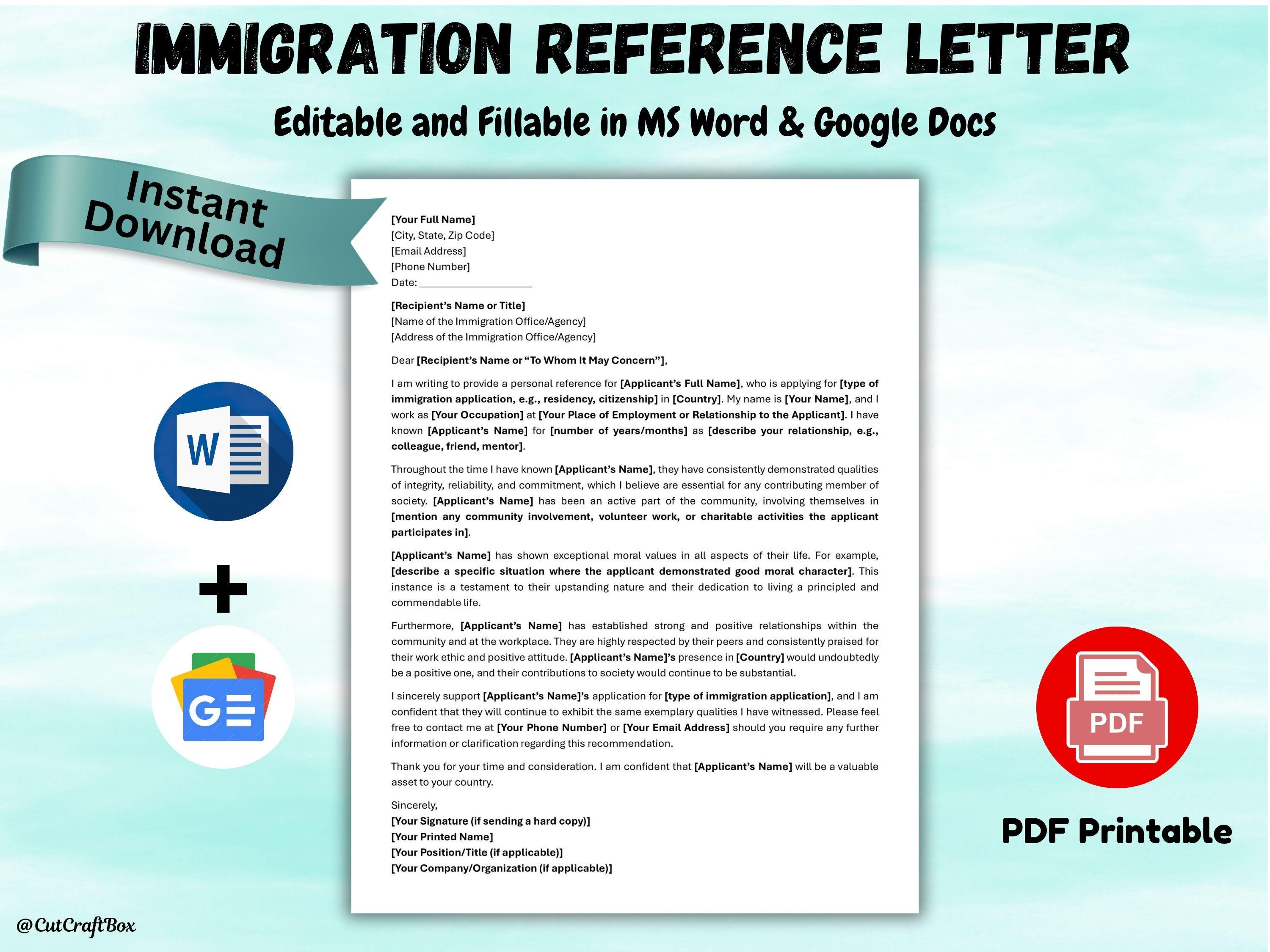 Immigration Reference Letter Template: Editable MS Word & PDF (digital ...