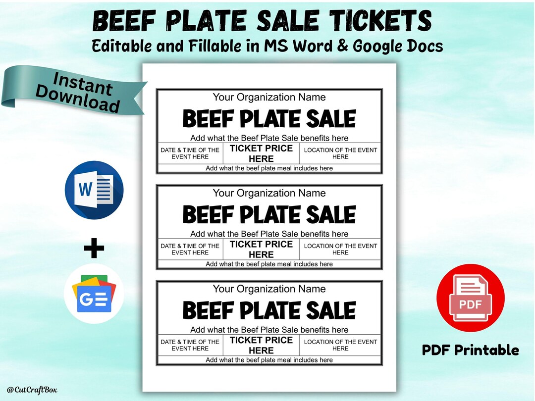 Editable Beef Plate Sale Tickets Beef Plate Sale Fundraiser Tickets ...