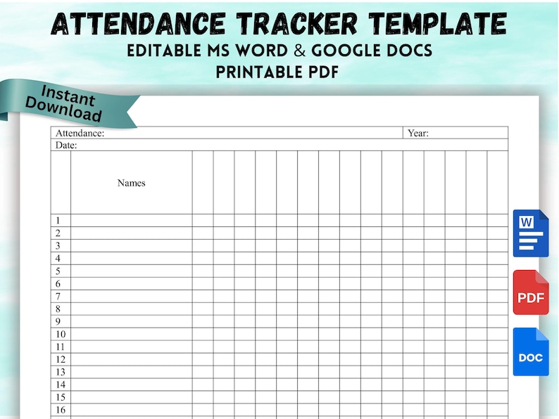 Editable Attendance Tracker Template: Printable PDF, MS Word & Google ...