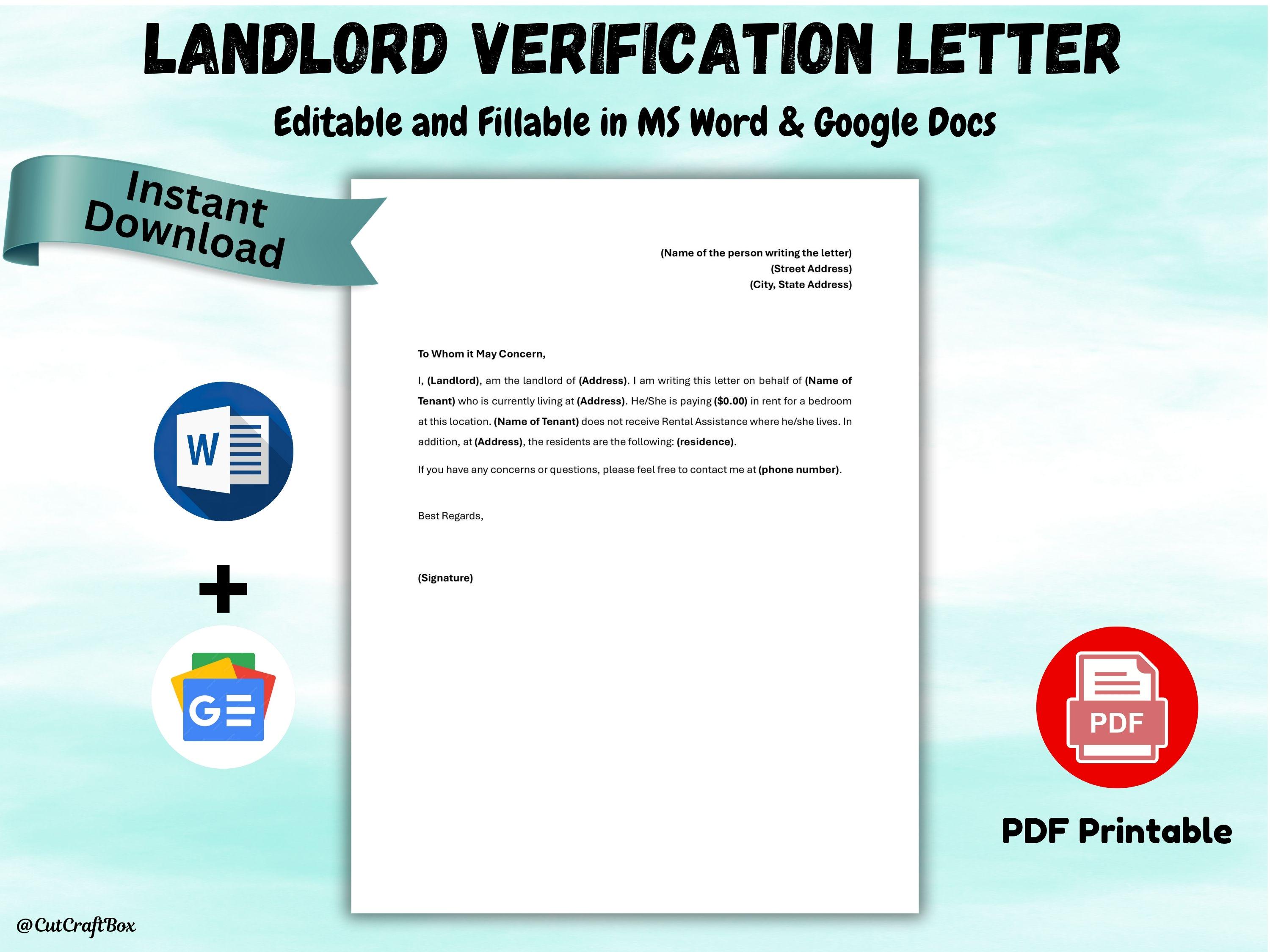 Landlord Rent Verification Letter Template: Editable Rental Proof ...