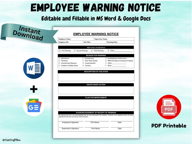 Employee Warning Notice Template: Editable HR Disciplinary Form (PDF ...