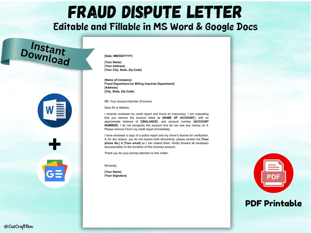 Fraud Dispute Letter Template: Editable Credit Report Error Removal ...