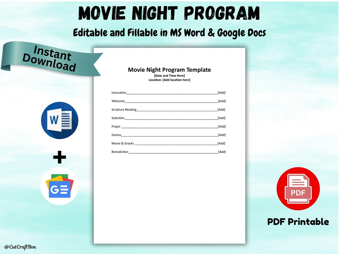 Editable Movie Night Program Template for Church or Events Church Movie ...