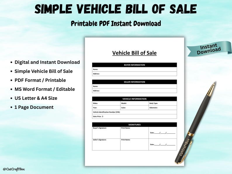 Editable Simple Vehicle Bill of Sale Template Printable Motor Vehicle ...