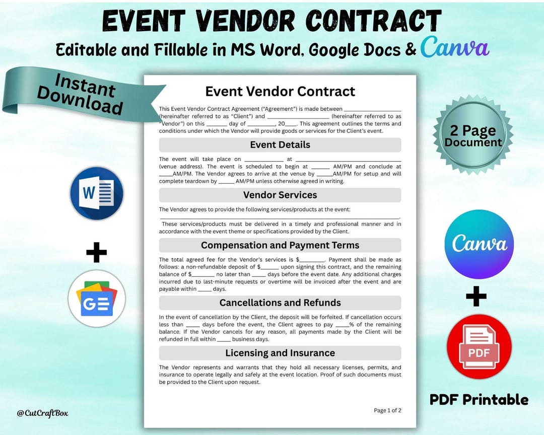 Event Vendor Contract Template: Editable Canva, Word & PDF - Etsy