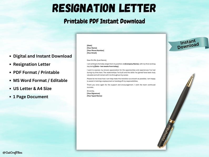 Editable Professional Resignation Letter Template Employee Resignation ...