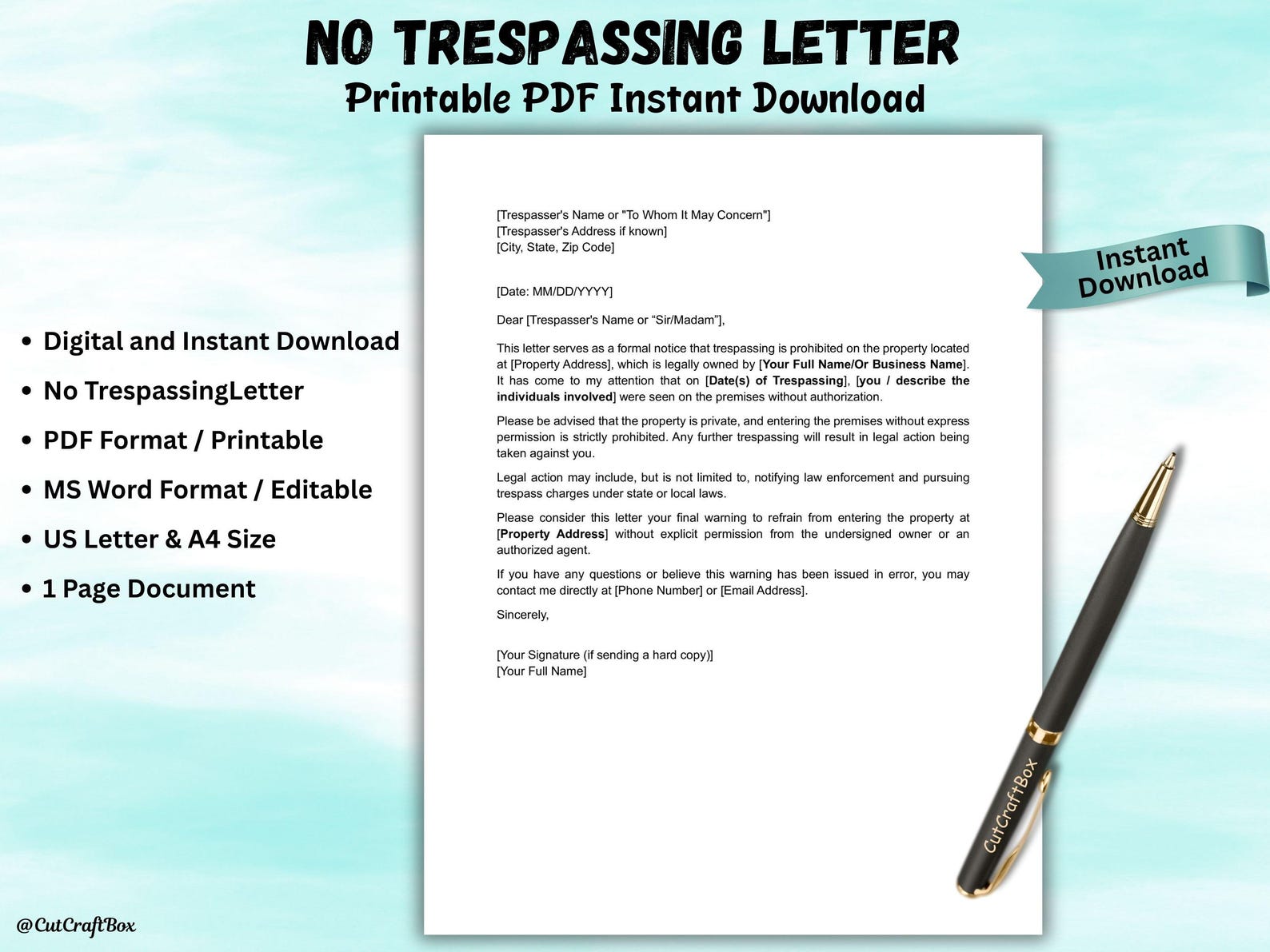 Editable No Trespassing Letter No Trespass Notice Template No Trespassing Warning Letter No ...
