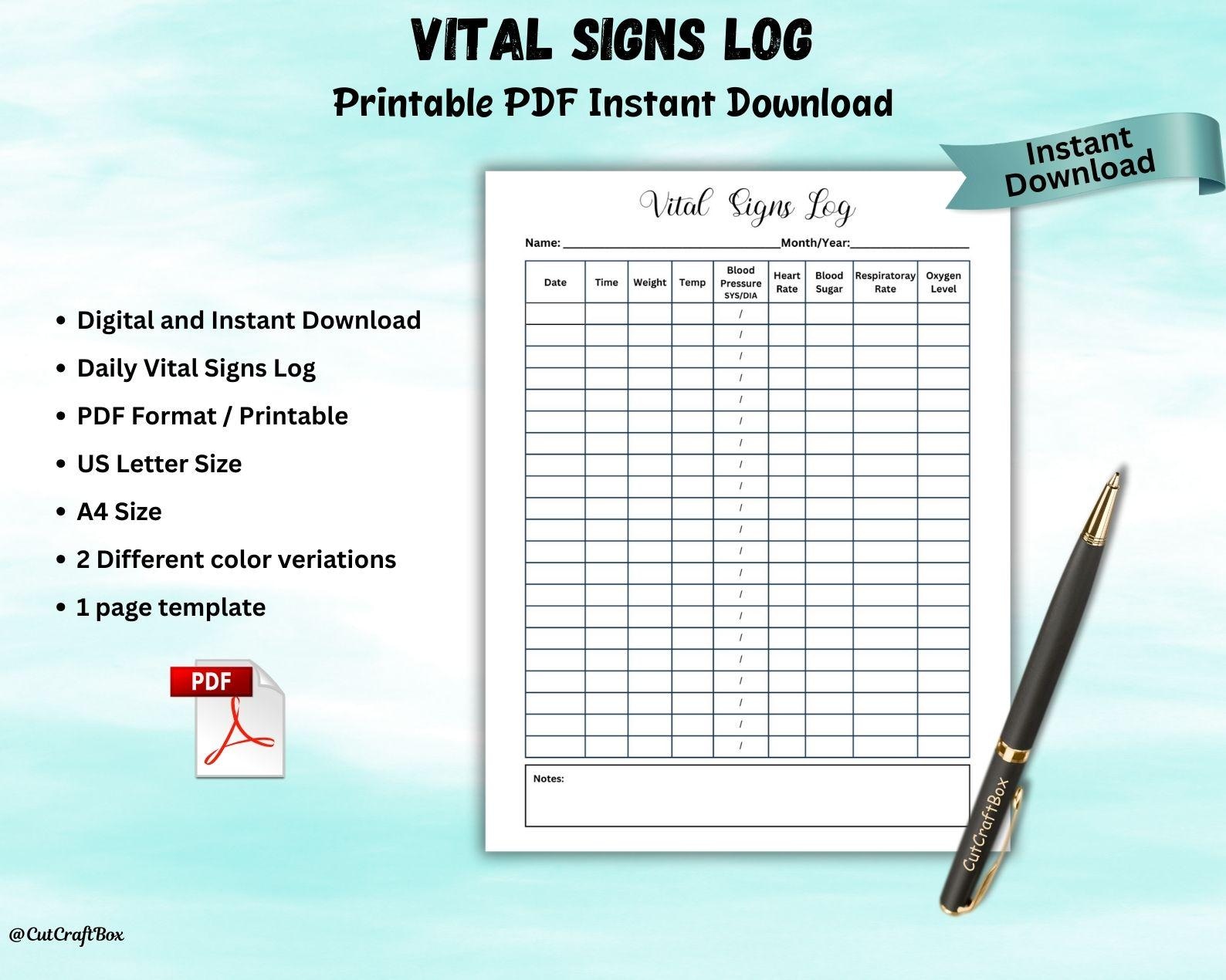 Printable Vital Signs Log Sheet Daily Vital Sign Nursing Vital Log ...