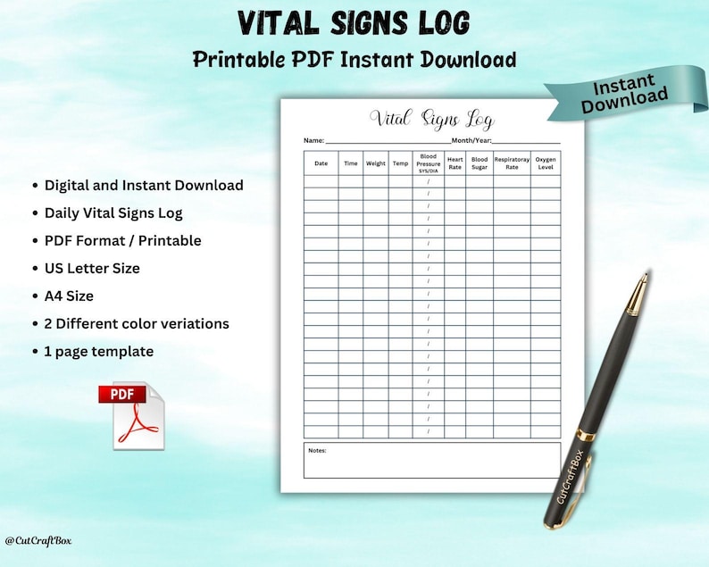 Printable Vital Signs Log Sheet Daily Vital Sign Nursing Vital Log ...