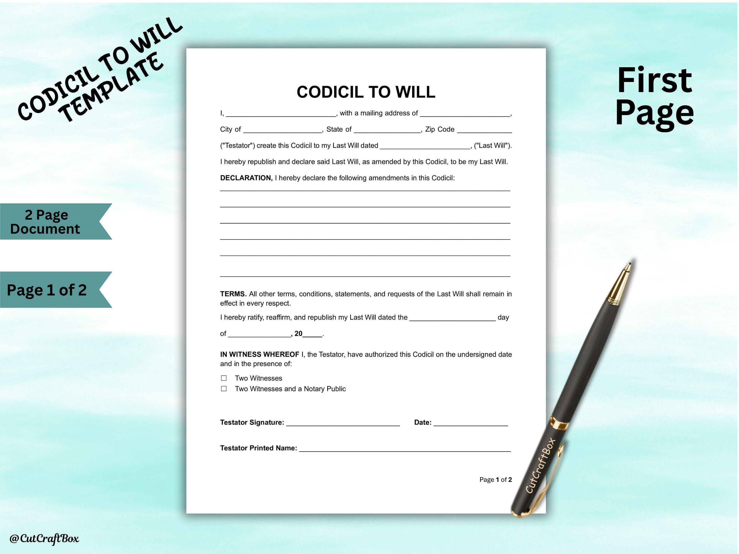 Editable Codicil to Will Form Template Will Codicil Contract Codicil ...