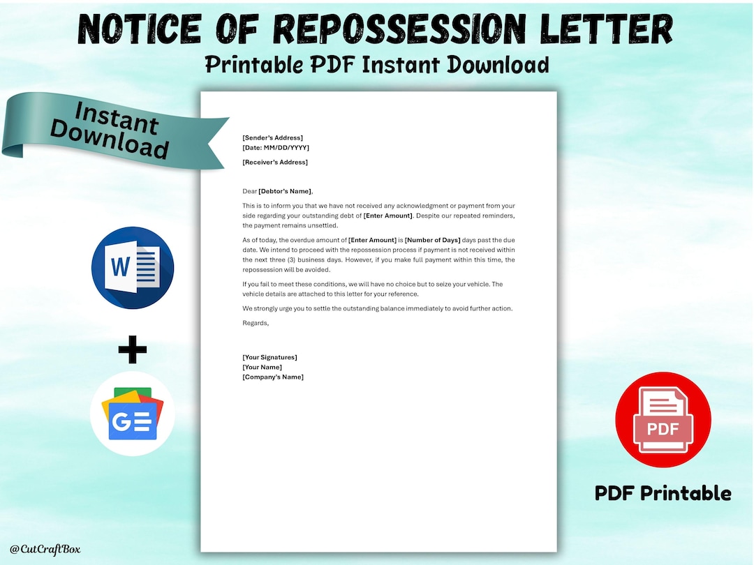 Editable Notice of Repossession Letter Auto, Vehicle, & Equipment Car Dealer Repo Notice Letter ...
