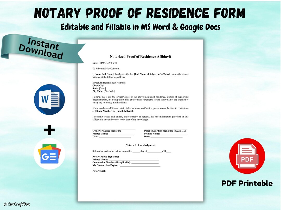 Editable Notary Proof of Residence Form Proof of Residence Affidavit ...
